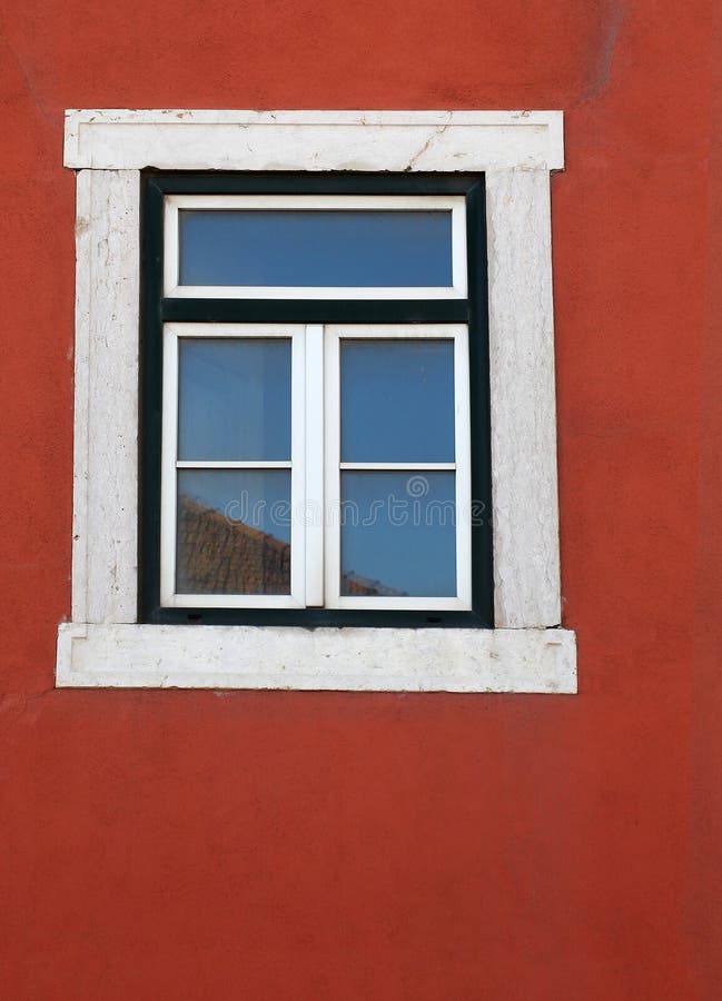 Wooden Window in the Bright Red Wall Stock Image - Image of city, alone ...