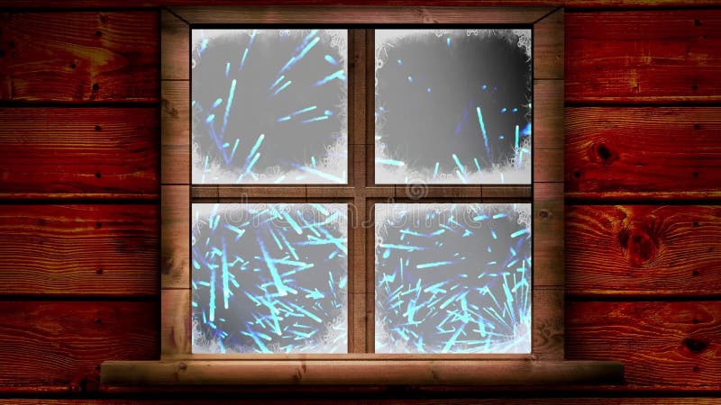 Wooden Window Frame Against Blue Fireworks Exploding on Black ...