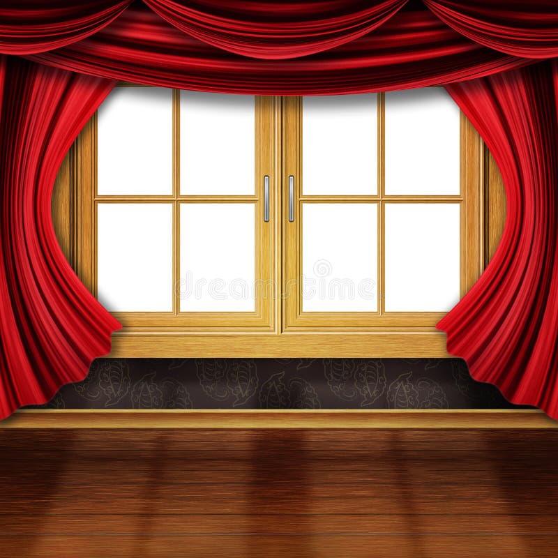 Wooden Window with Red Curtain Stock Illustration - Illustration of ...