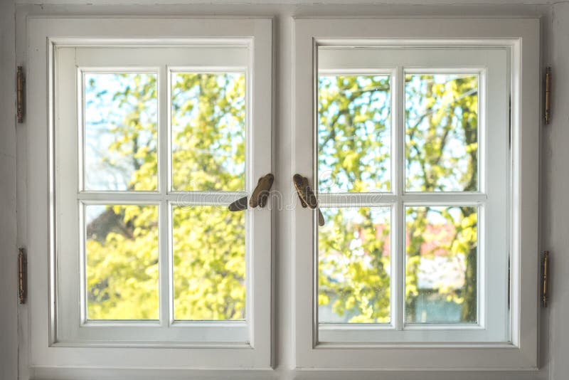Wooden Window with Sunny Garden View - Looking through Old Double ...