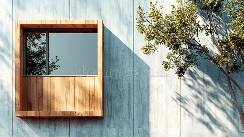 Wooden Window on Concrete Wall with Tree Stock Illustration ...