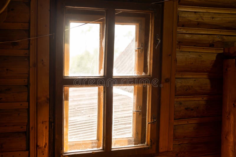A Wooden Window in a Wall Made of Logs with White Background. Stock ...