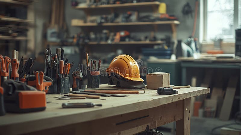 A Wooden Workbench in a Carpentry Workshop with Various Tools, a Hard ...