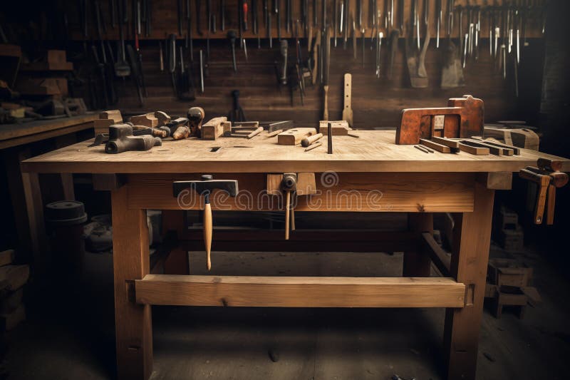 Wooden Workbench with Hand Tools Neatly Organized on Top. Generative AI ...