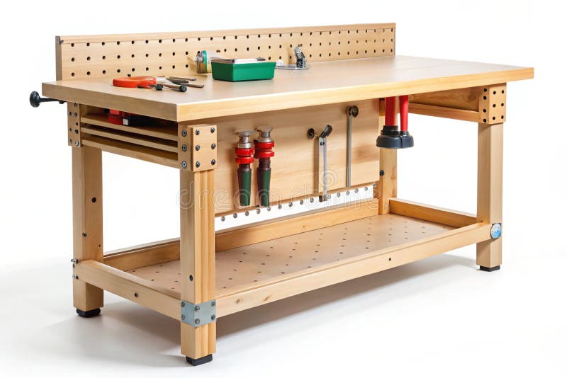 Wooden Workbench with a Pegboard Tool Storage, Drawers, and a Selection ...