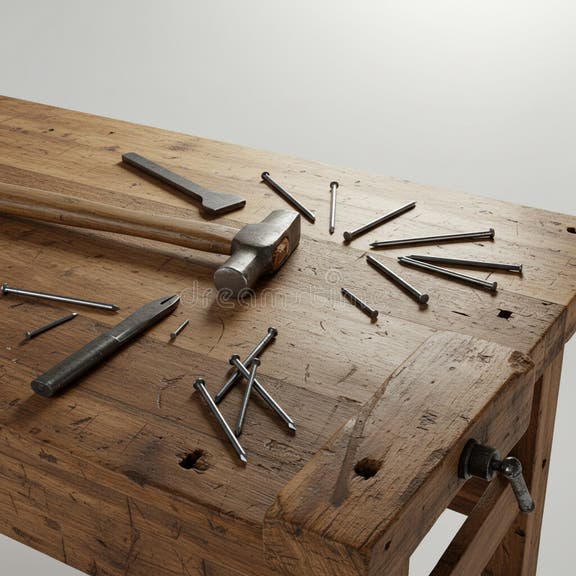 Wooden Workbench with Scattered Tools: a Hammer, Chisel, and Assorted ...