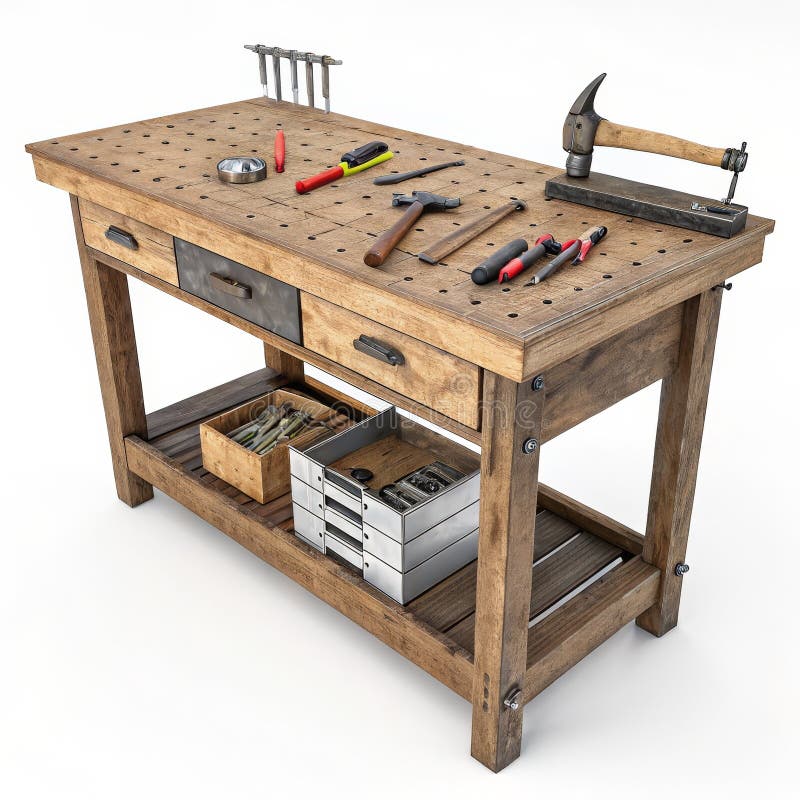 Wooden Workbench with Tools, Isolated on White Background, 3D Render ...