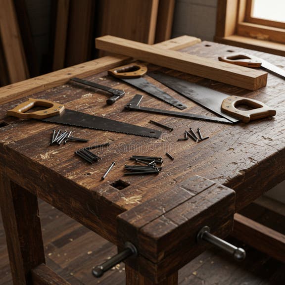 Wooden Workbench with Various Carpentry Tools and Materials. Three Hand ...
