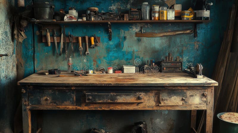 Wooden Workbench with Worn Tools and Rustic Charm Reflecting Careful ...