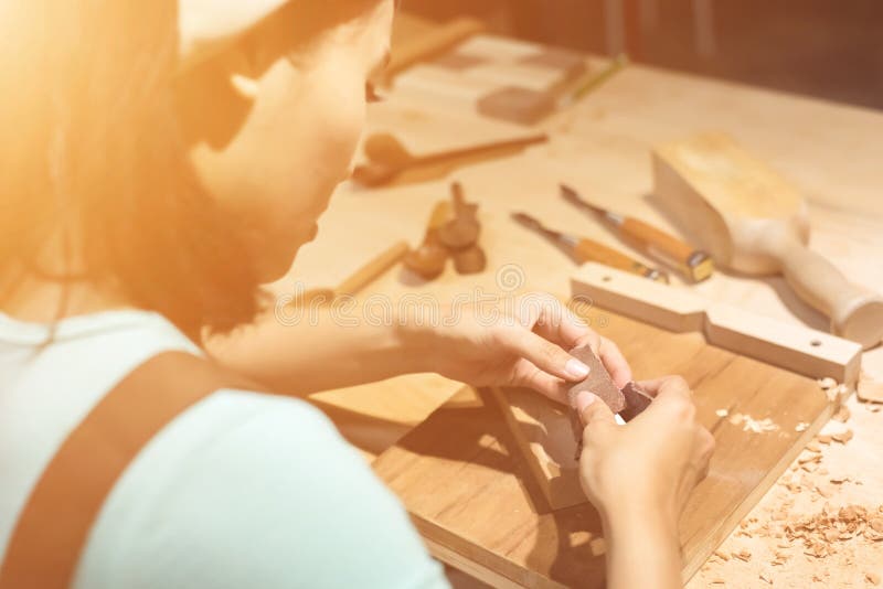 Wooden working stock image. Image of woman, inside, lumber - 76492559