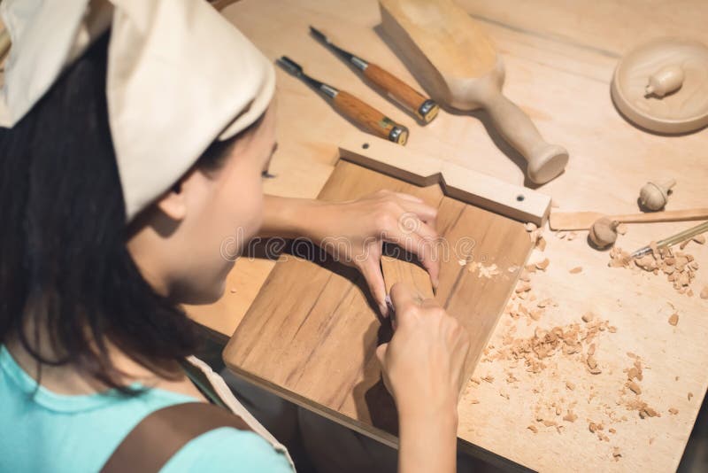 Wooden working stock photo. Image of girl, making, timber - 76492564