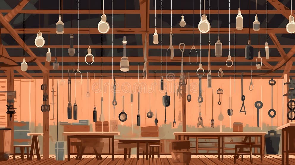 Wooden Workshop Interior with Hanging Tools and Lights Stock ...