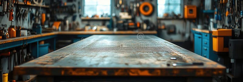 Wooden Workshop Table with Tools and Equipment, Set in a Mechanic S or ...