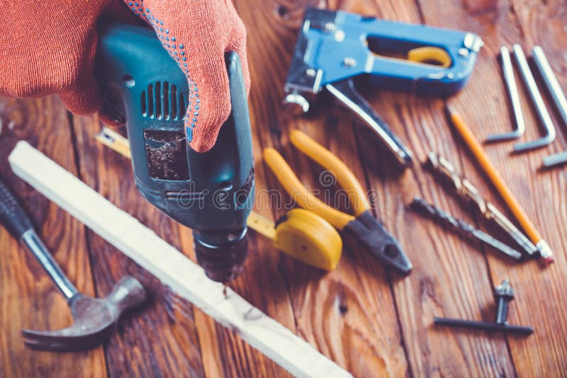 Wooden Workshop Table with Tools. Stock Photo - Image of construct ...