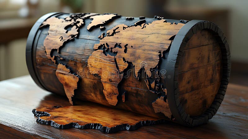Wooden World Map Barrel Spilling Onto Table Stock Illustration ...
