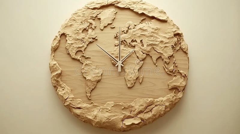 Wooden World Map Clock on Wall, Showing Time Stock Image - Image of ...