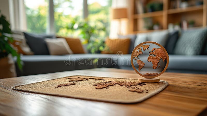 Wooden World Map and Globe on a Coffee Table in a Living Room Stock ...