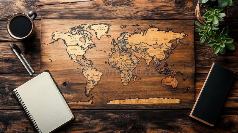 A Wooden World Map on a Table with a Coffee Cup, Notebook, and Plant ...