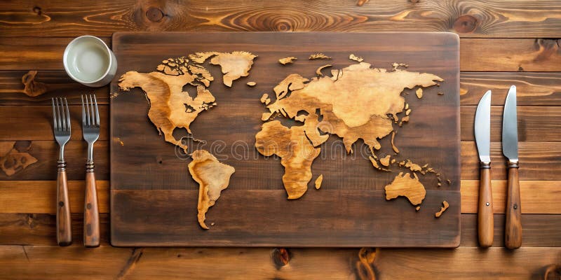 Wooden World Map Table Setting with Cutlery and Small Bowl. Generative ...