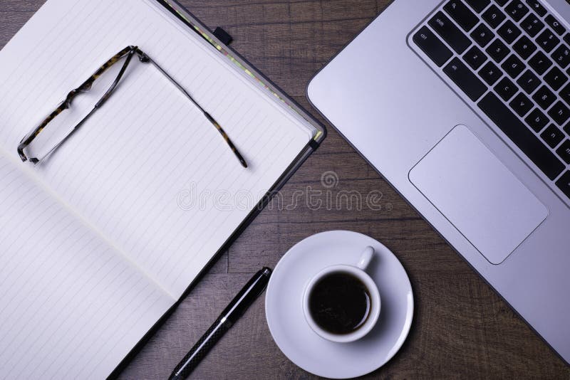 Computer, Espresso Coffee, Glasses, Pen and Notebook Stock Photo ...