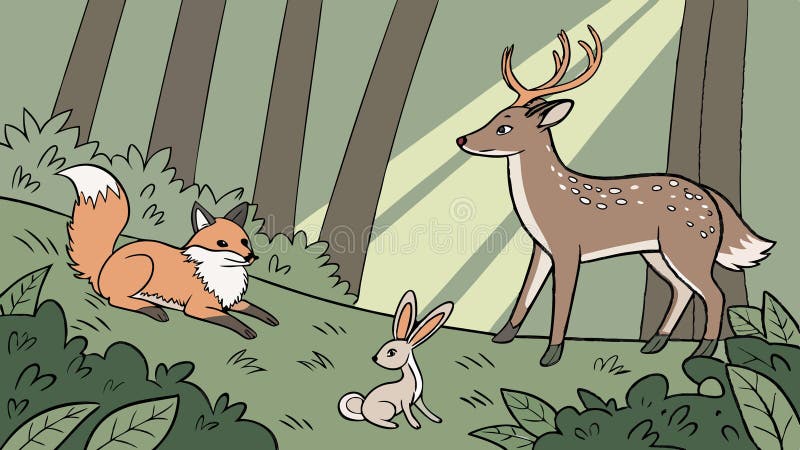 Woodland Creatures: Fox, Deer, and Rabbit in Forest Scene, Vector ...