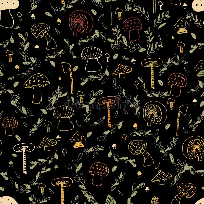 Woodland Mushroom Line Seamless Pattern Stock Vector - Illustration of ...