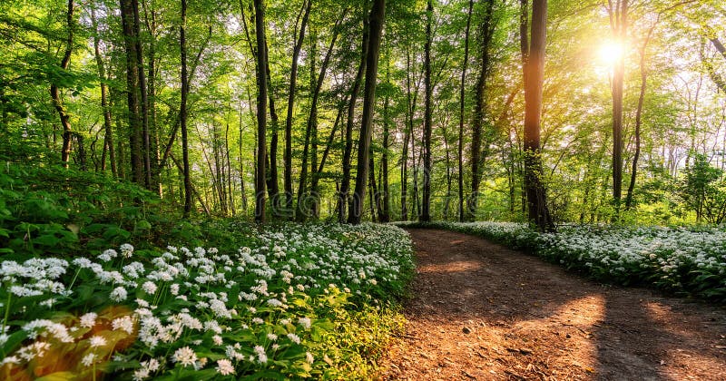 Woodland Path with Wild Garlic in Full Bloom in a Forest Stock Image ...