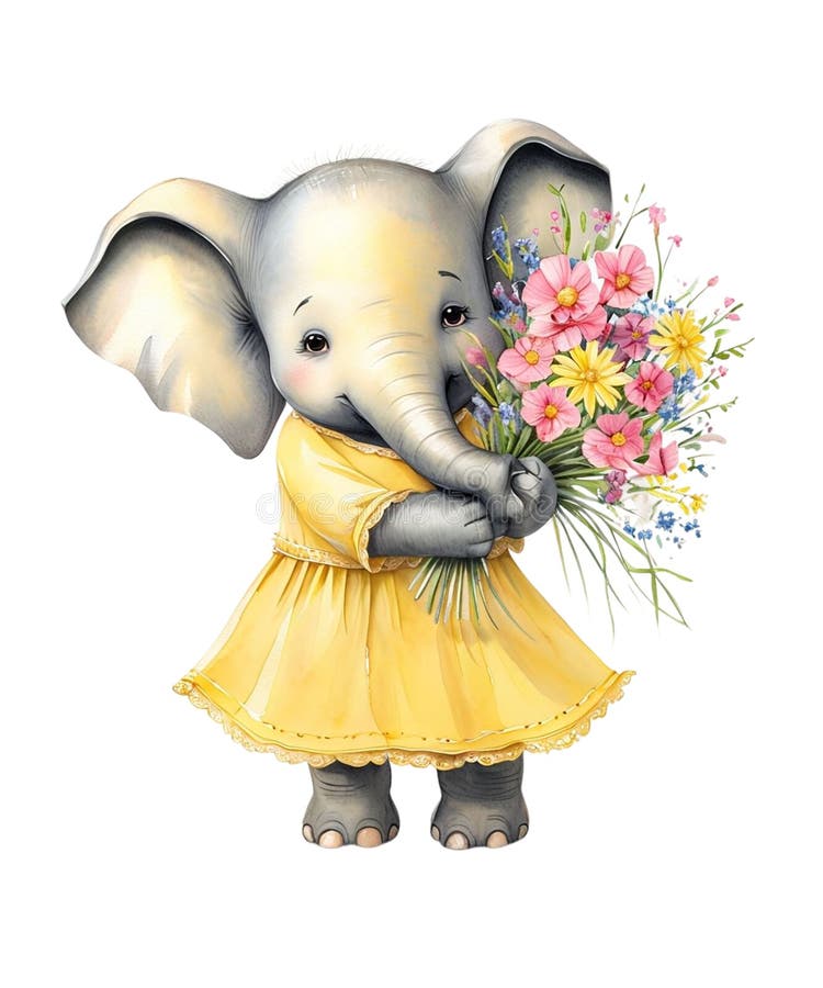 Woodland Spring Floral Cute Elephant Stock Illustration - Illustration ...