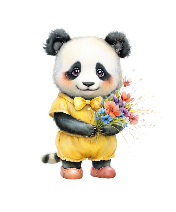 Woodland Spring Floral Cute Panda Stock Illustration - Illustration of ...