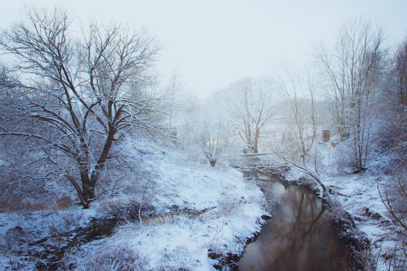 Woodland Stream Covered with Snow Stock Photo - Image of stream ...