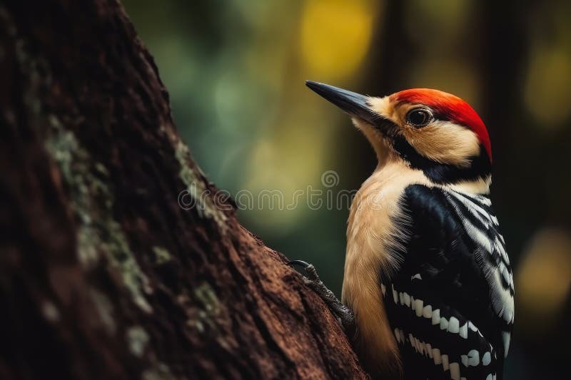 Woodpecker Bird Pecking on a Tree Trunk. Generative AI Stock Photo ...
