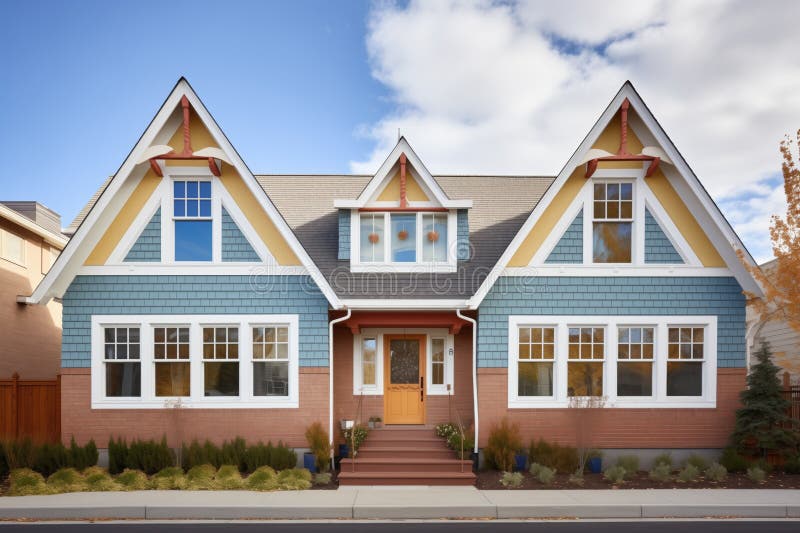 Woodshingle Facade with Bay Windows and Gables Stock Photo - Image of ...