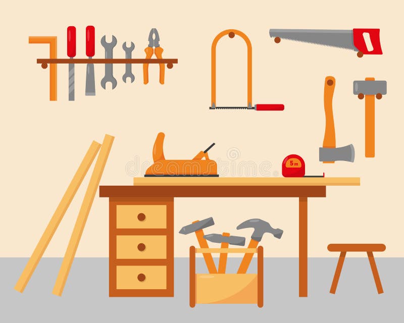 Woodwork Interior and Tools. Carpenter Workplace. Stock Vector ...