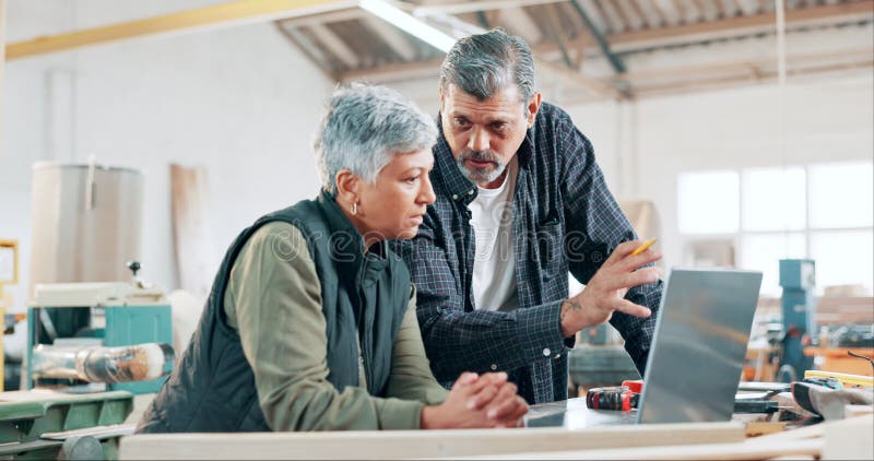 Woodwork, People and Carpenter with Laptop in Workshop Manufacturing or ...