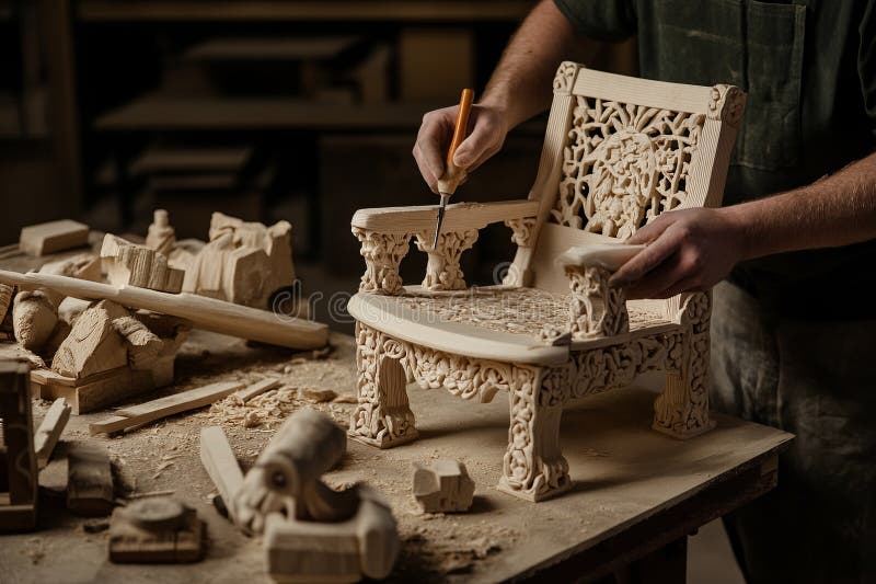 A Woodworker Assembles a Chair with Tools on a Workbench. Picture Stock ...