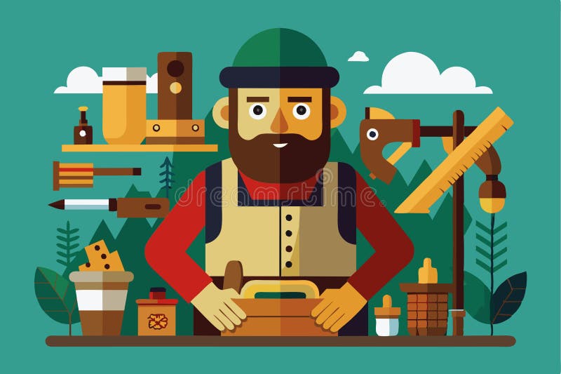 A Woodworker is Crafting Semi-flat Wooden Pieces, Surrounded by Tools ...