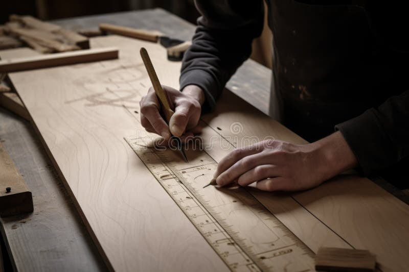 Woodworker Measuring and Marking Cut Lines on Board, with Saw and Ruler ...