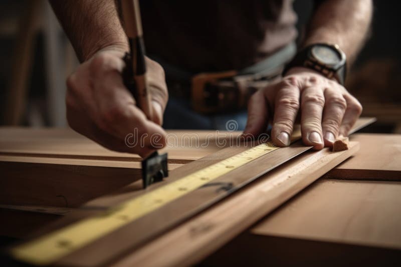 Woodworker Measuring and Marking Cut Lines on a Project Stock ...