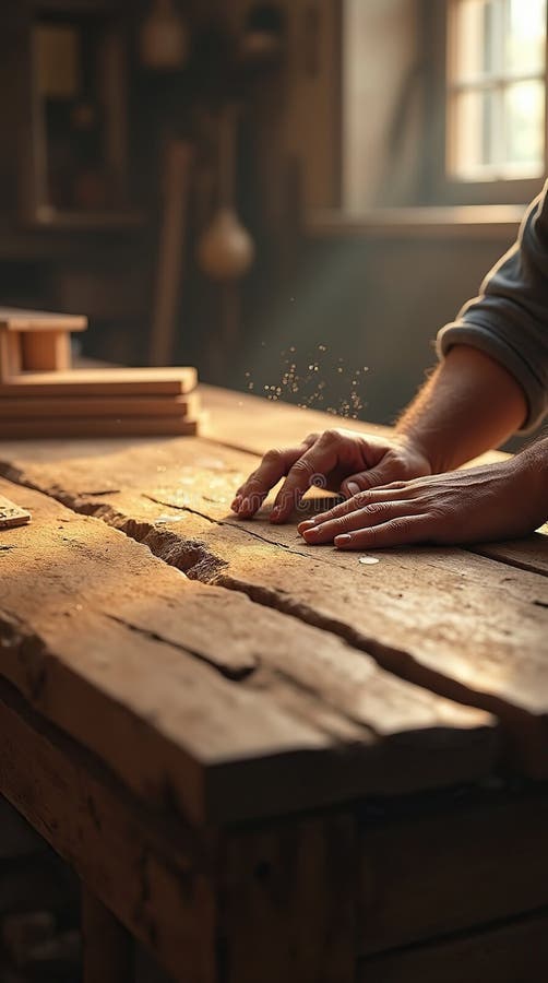 Woodworker S Hands Refining Rustic Wooden Surface in Sunlit Workshop ...