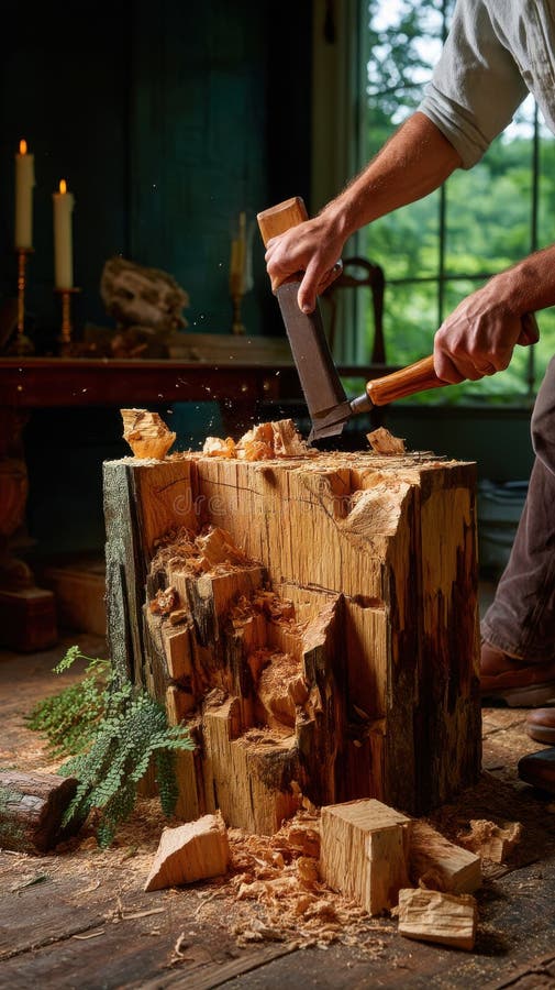Woodworker Shaping a Large Tree Stump with a Chisel and Mallet in a ...