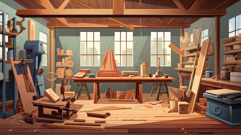 Woodworker Shop Interior with Tools and Furniture Illustration AI ...