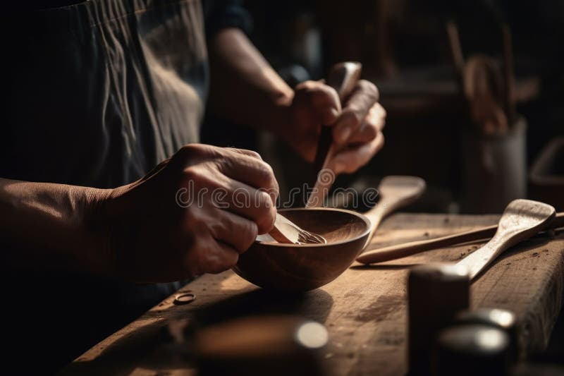 Woodworker Using Hand Tools To Shape Wooden Spoon Stock Illustration ...