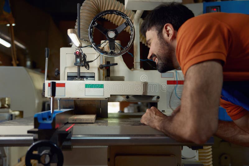 Woodworker Using Planer Machine for Production Wooden Materials ...