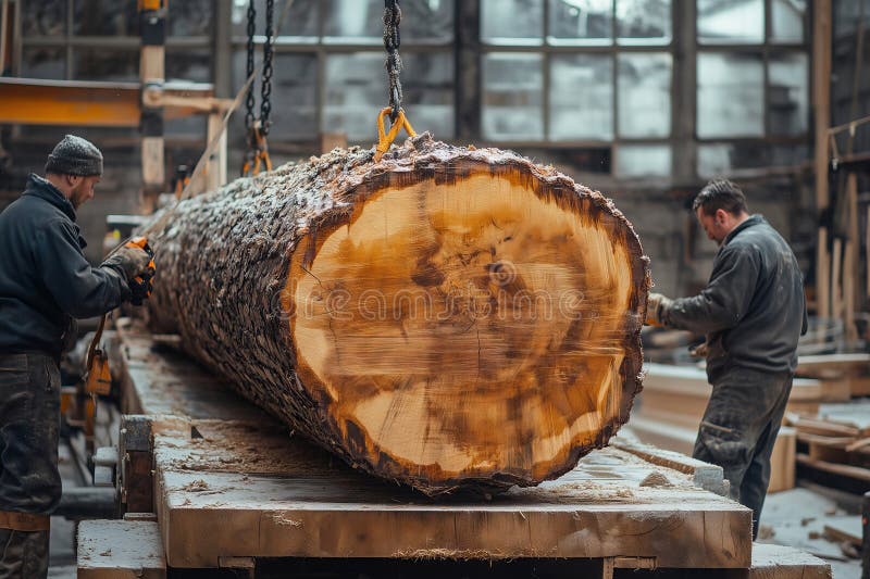 Woodworkers Skillfully Maneuvering a Large Log in a Bright Workshop ...
