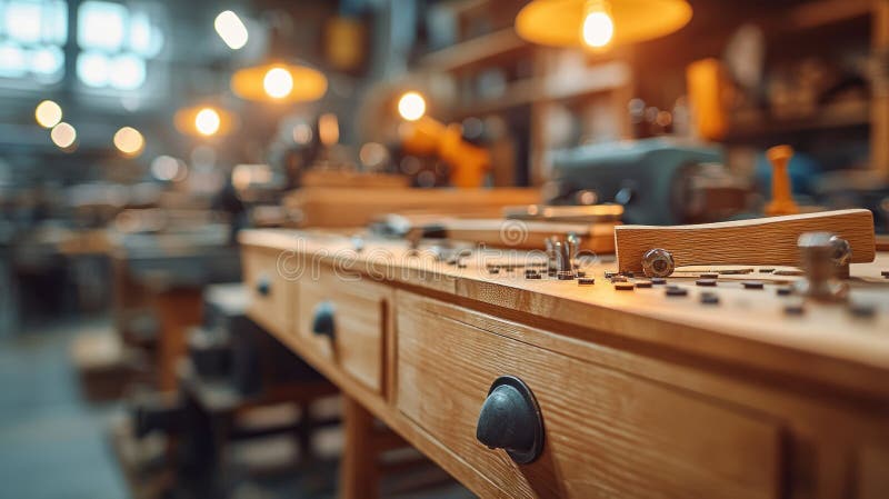 Woodworking Bench in Shop with Tools Background with Equipment and ...
