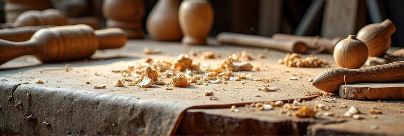 Woodworking Craftsmanship: Close-up of Wood Shavings and Tools on ...