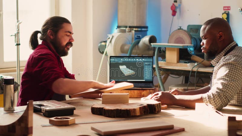 Woodworking Experts in Studio Crosschecking Wooden Object with ...