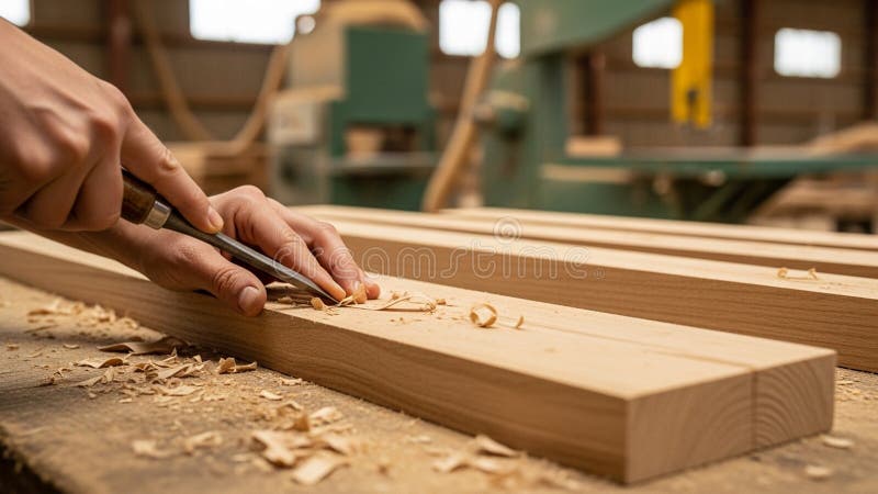 Woodworking Hand Carving Process with Chisel Tool Inside Professional Workshop. Stock Photo ...