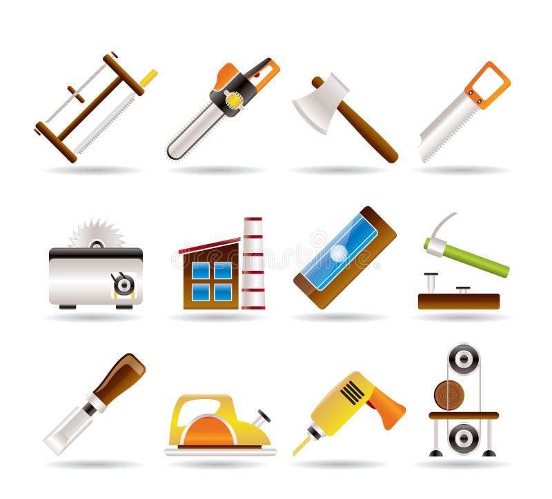 Woodworking Industry and Woodworking Tools Icons Stock Vector ...