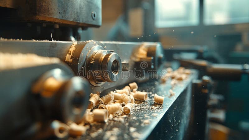 Woodworking Lathe Machine in Action Producing Wood Shavings Stock ...